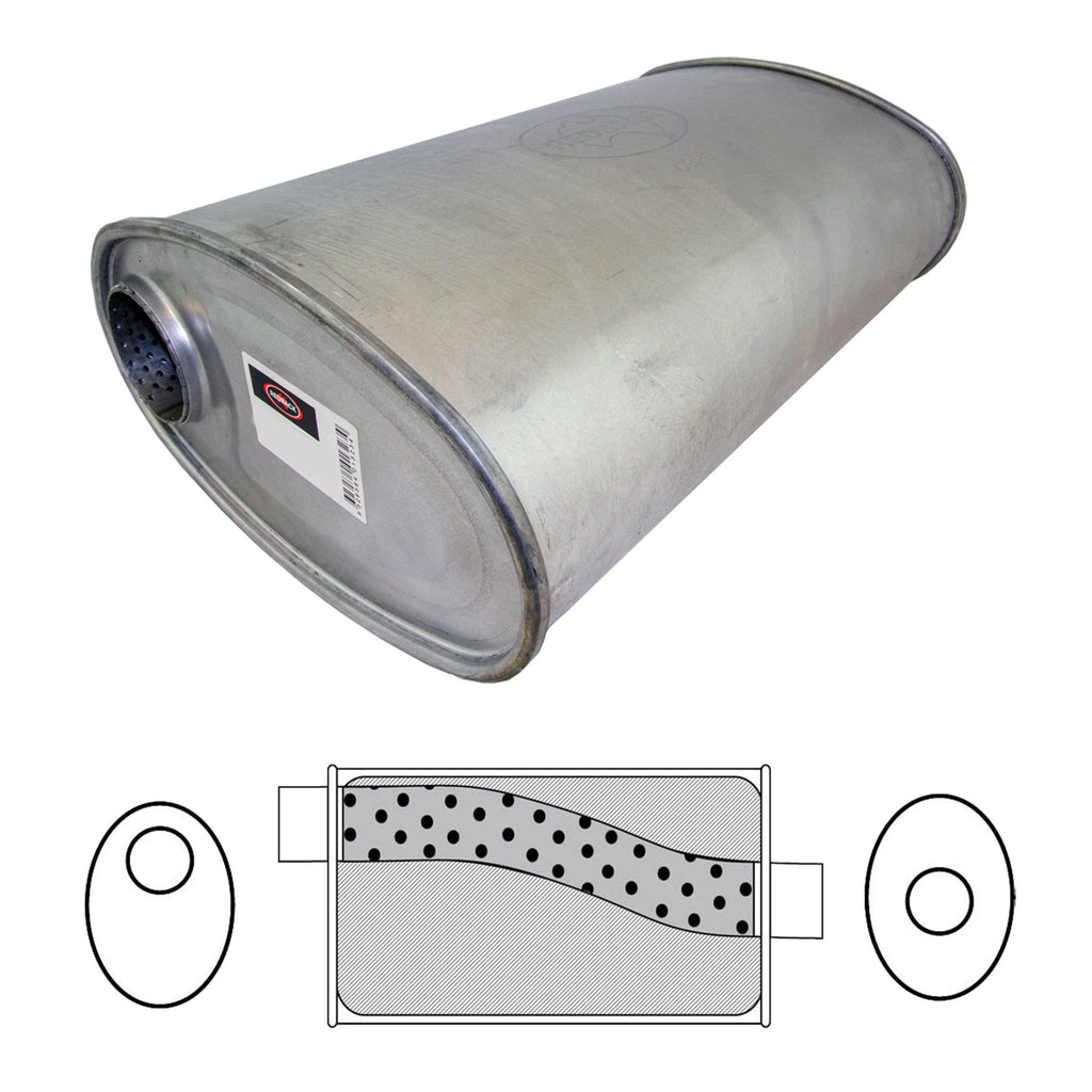 Redback Muffler 11" x 6" Oval, 18" Long, 2 1/4" Offset/Centre, Megaflo